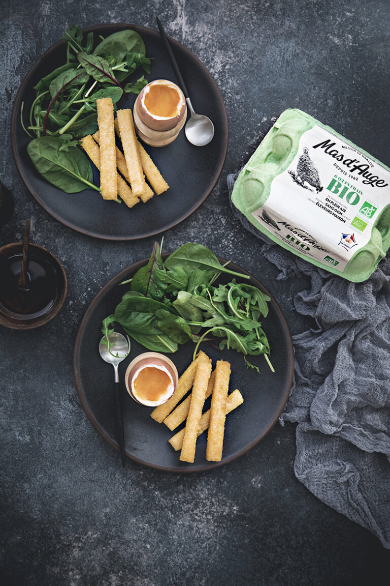 Œuf à la coque Mas d'Auge et frites de polenta au parmesan | A Vos ...