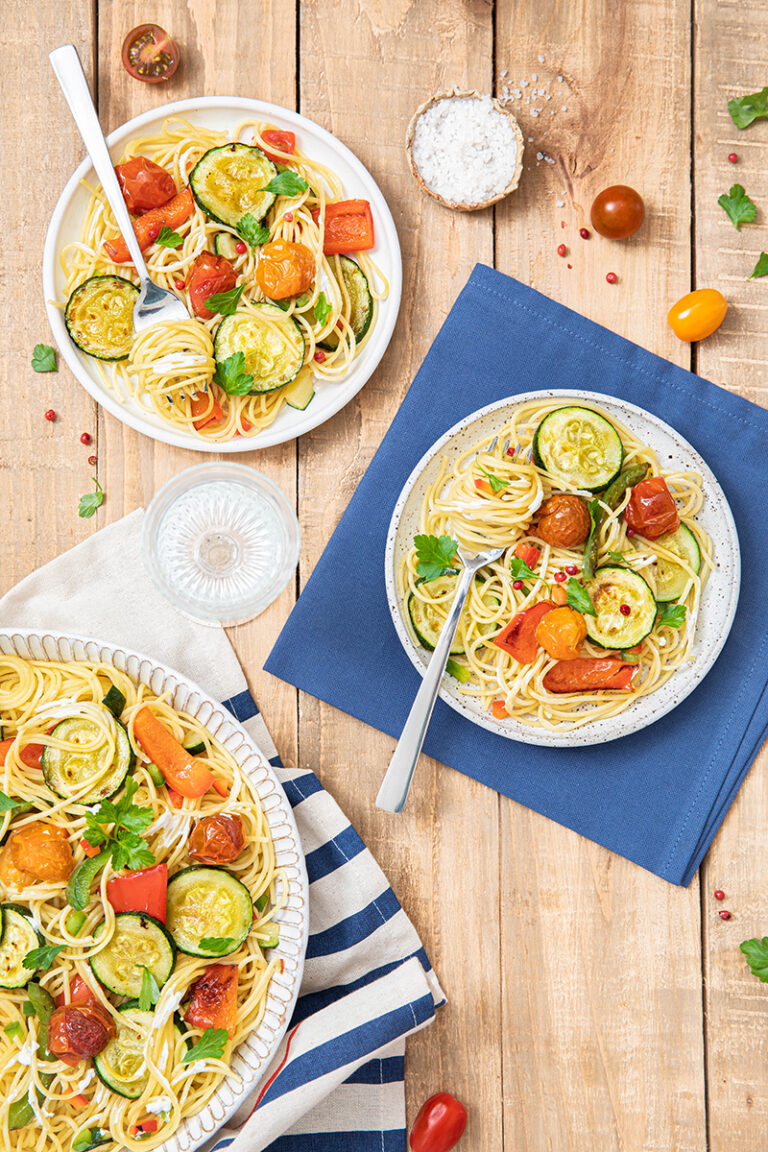 Les bons Spaghetti aux légumes grillés & fromage frais | A Vos Assiettes